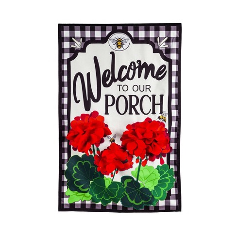 Evergreen Flag Welcome To Our Porch Geraniums Garden Linen Flag 12.5x18 ...