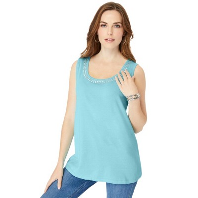 Roaman's Women's Plus Size Rhinestone-trimmed Tank - 14/16, Light Aqua ...