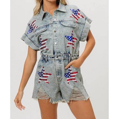 Women's BiBi American Flag Washed Romper - Trendsi : Target