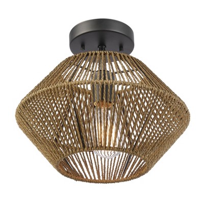 Terra 1-light Matte Black Flush Mount Ceiling Light With Natural Twine ...