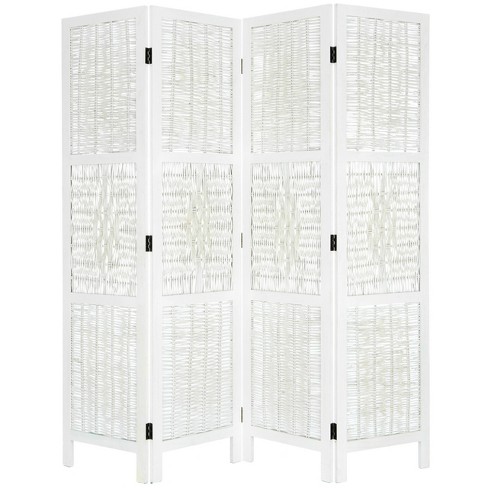 4 Panel Screen Room Divider Wicker And Wood White Color Diamond Design ...