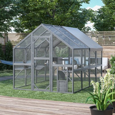 Pawhut 9.2' Catio, Outdoor Wooden Feral Cat Shelter With Condos, Canopy ...