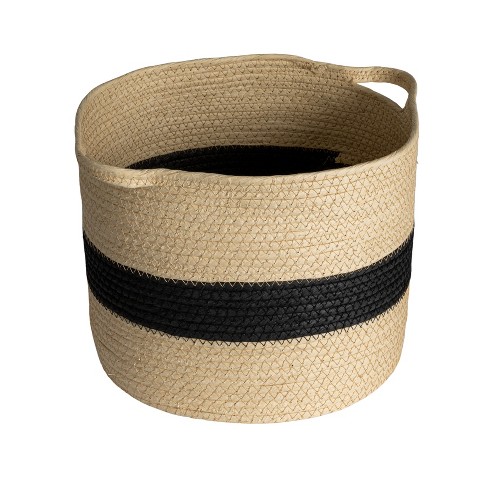 Round Handwoven Paper Rope Basket With Black Stripe And Handles ...