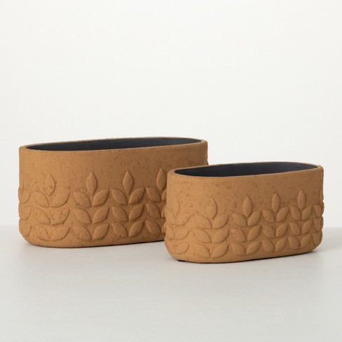 4.5"h Sullivans Modern Leaf Oblong Rust Pots Set Of 2, Brown : Target