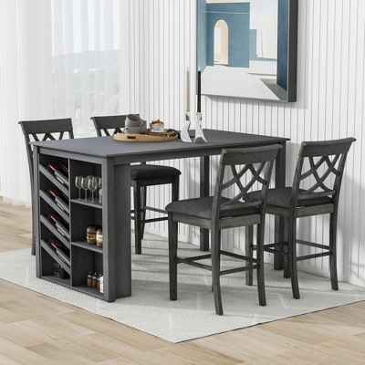 Whisen 5-piece Solid Wood Dining Table Set With Curved Wine Rack And 4 ...