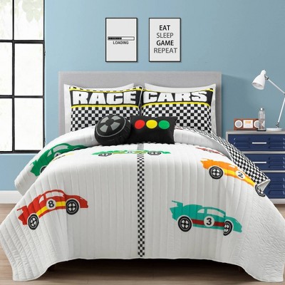 5pc Full/queen Kids' Racing Cars Reversible Oversized Quilt Bedding Set ...