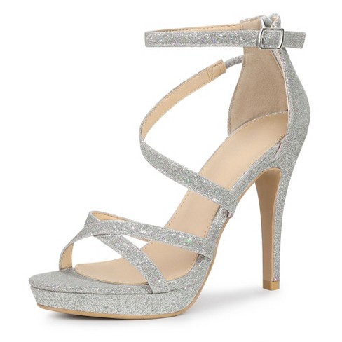 Perphy Women Platform Glitter Strappy Stiletto Heels Sandals Silver 10 ...