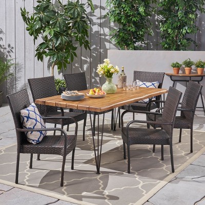 GDFStudio Dalupiri Outdoor Wicker and Acacia Wood 7 Piece Dining Set ...