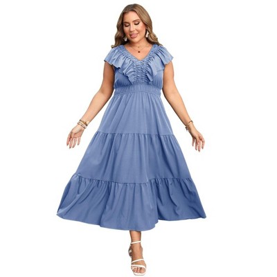 Women Plus Size V Neck Wrap Maxi Dress High Waist Ruffle Summer Casual ...