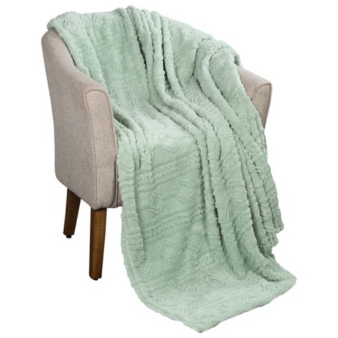 Boho Knit Jacquard Fleece Fluffy Blanket, Extra Long Throw, Seafoam ...