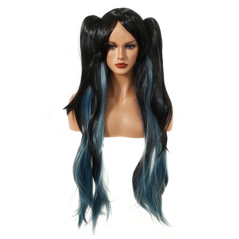Unique Bargains Women's Halloween Wigs 31" Black Gradient Blue With Wig ...