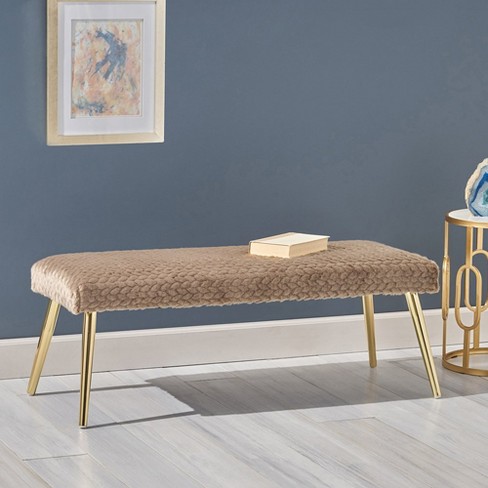 Dining Bench, Upholstered Bench, Patterned Faux Plush, Tapered Gold ...