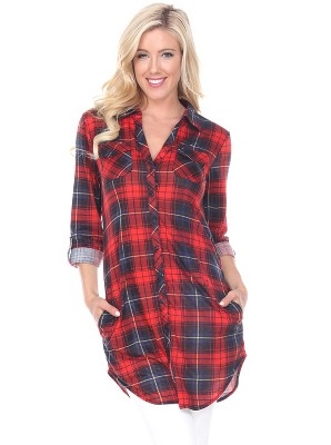 Women's Roll Tab Sleeve Plaid Buttoned Top Red Large - White Mark : Target