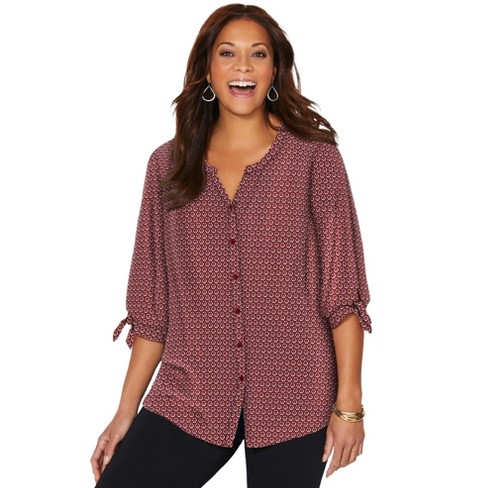 Catherines Women's Plus Size Georgette Buttonfront Tie Sleeve Cafe ...