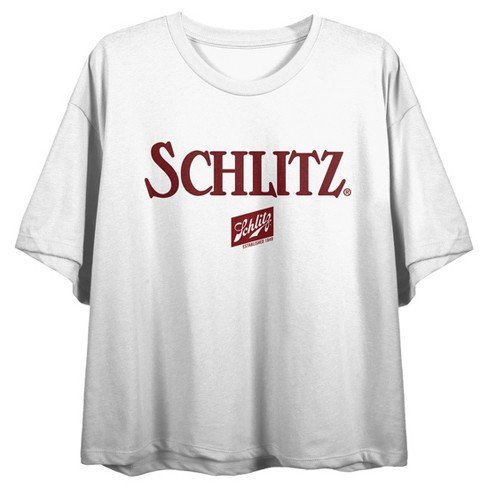 Schlitz Text Logo & Globe Art Crew Neck Short Sleeve Women's White Crop ...
