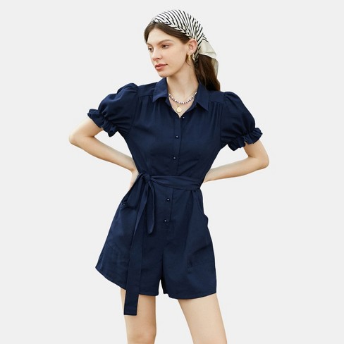 Women's Blue Collared Button-up Romper - Cupshe : Target