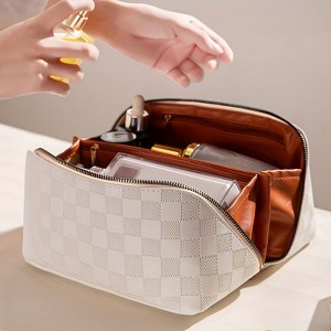 Checkered Makeup Bag, Large Capacity Cosmetic Bag with Handle, Portable ...