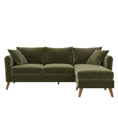 2pc Magnolia Sectional Sofa with Pillows Green Velvet Novogratz Upholstered Reversible Chaise Transitional Style