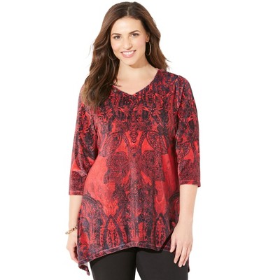 Catherines Women's Plus Size Panne Velvet Tunic - 2x, Red Paisley : Target