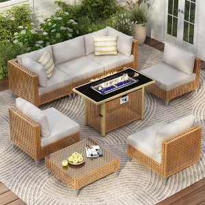GDFStudio Laik 8 Piece Rattan Patio Furniture Set with 60,000 BTU Fire ...