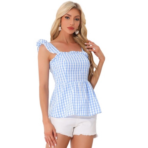 Allegra K Women's Summer Square Neck Sleeveless Plaid Gingham Peplum ...