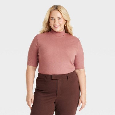 Women's Ribbed Short Sleeve Mock Turtleneck T-shirt - A New Day™ Rust ...