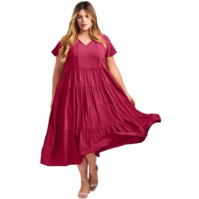 Avenue Women's Plus Size Lani Tiered Dress - 14, Cherry : Target