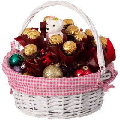 Traditional White Round Willow Gift Basket With Gingham Liner And ...