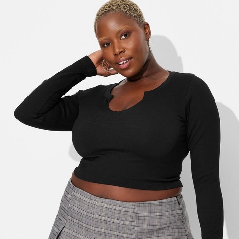 Women's Long Sleeve V-neck Seamless Notched Top - Wild Fable™ Black 1x ...