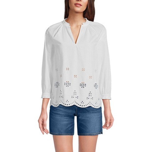 Lands' End Women's Eyelet Split Neck Shirt - Large - White : Target
