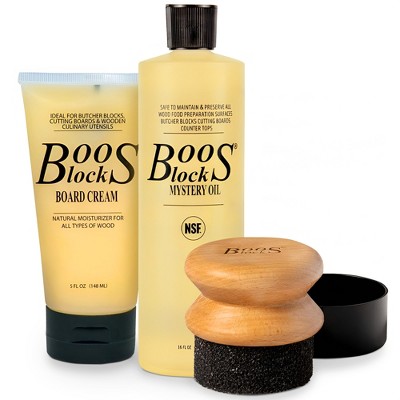 John Boos 3-Piece Care Set, 16 oz Mystery Oil, 5 oz Board Cream & Round ...