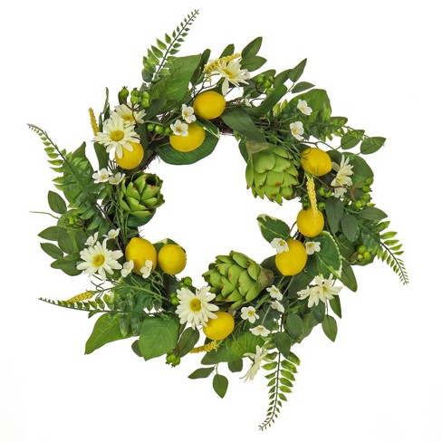 22" Artificial Lemons, Artichokes And Daisy Spring Wreath - National ...