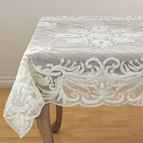 Saro Lifestyle Beaded Embroidered Design Sheer Scalloped Tablecloth ...