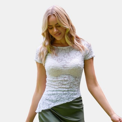 Women's Lace Sheer Asymmetrical Hem Fitted Top - Cupshe-s-white : Target