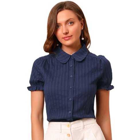 Allegra K Women's Short Sleeve Button Down Peter Pan Collar Blouse Blue ...