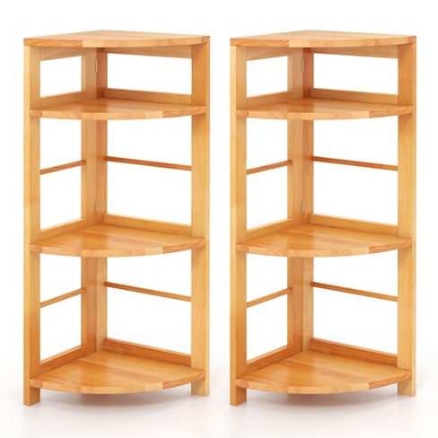 Tangkula 2pcs 4-tier Corner Shelf W/ Rubber Wood Frame Anti-toppling ...
