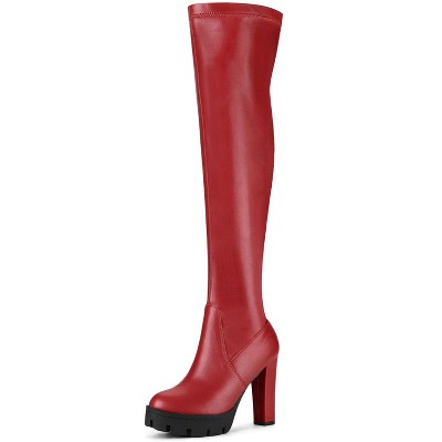 Allegra K Women's Platform Heels Chunky Heel Over Knee High Boots Red 6 ...