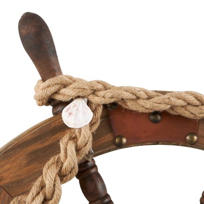 35"x35" Wood Ship Wheel Handmade Wall Decor With Rope And Shell Accents ...