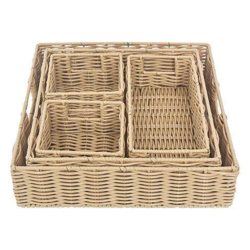 Wethinkstorage Set Of 5pc Storage Bins Resin Rattan Natural Wood ...