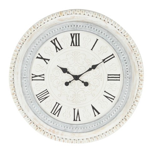 22"x22" Wood Carved Beading Wall Clock White - Olivia & May: Silent ...