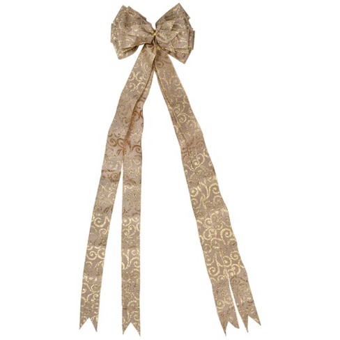 Northlight 48" X 10" Burlap And Gold Scroll 16 Loop Christmas Bow ...