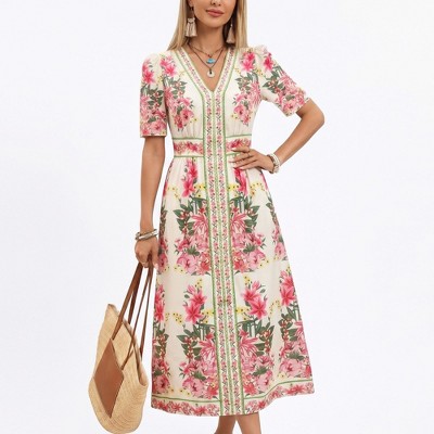 Anna-Kaci Women's Floral Midi Dress with V Neckline Short Puff Sleeves ...