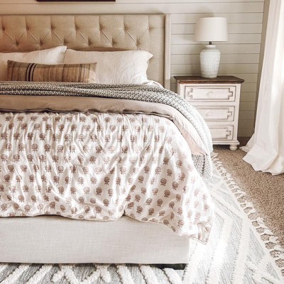 Full/queen Lofty Cotton Slub Woodblock Print Floral Quilt Off White ...