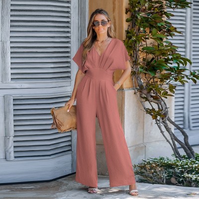 Women's Breezy Crinkled Chiffon Surplice Neckline Wide Leg Jumpsuit ...