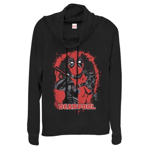 Junior's Marvel Deadpool Leather Paint Cowl Neck Sweatshirt - Black ...
