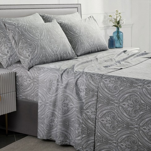 6 Piece Paisley Printed Gray Sheet Set, Deluxe Ultra Soft 1500 Series ...