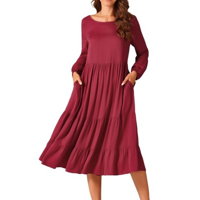 Seta T Women's Long Sleeve Round Neck Casual Knit A-line Midi Dress ...