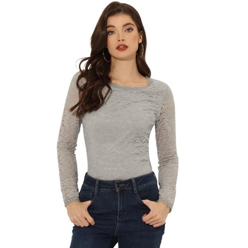 Allegra K Women's Slim Fit Sheer-long-sleeves Flower Embroidery Lace ...