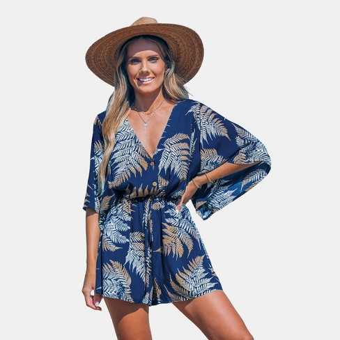 Women's Tropical Leaf Front Button Romper - Cupshe-xl-blue : Target