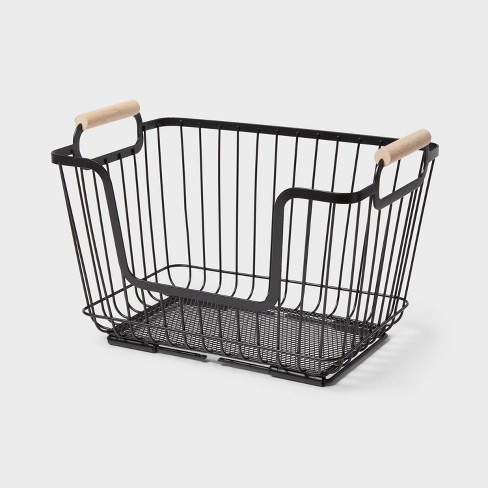 Metal Stackable Wire Pantry Basket With Rubber Wood Handle Black ...